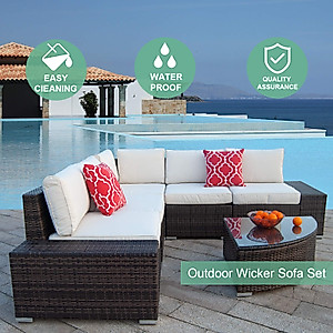 Polar Aurora 6pcs Patio Furniture Set PE Brown Rattan Wicker Sectional Outdoor Sofa Set Outside Couch w/Washable Seat Cushions & Modern Glass Wedge Table for Patio, Backyard, Pool-Beige