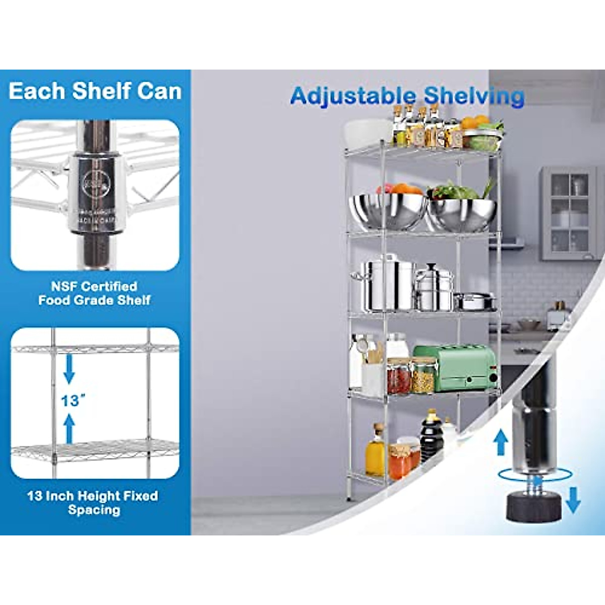 Metal Shelving, 5 Tier 750 Lbs Capacity Wire Shelving with Leveling Feet, Nsf Certified Metal Shelves for Kitchen Pantry Closet Laundry Bathroom Office, 5-shelf Metal Storage Shelves Storage Rack