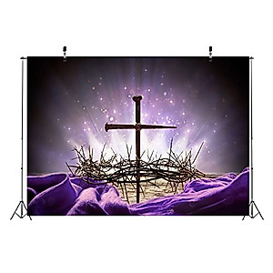 Loccor Fabric 7x5ft Crucifixion of Jesus Backdrop Crown of Thorns Cross Nail Holy Light Photography Background Purple Easter Religious Banner Christian Church Event Party Decoration Photo Booth Props