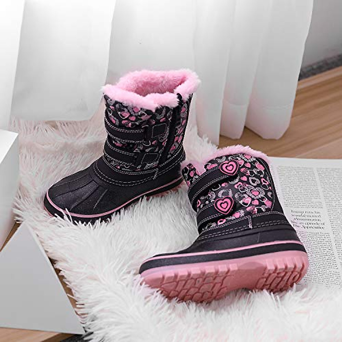 DREAM PAIRS Boys Girls Snow Boots Water-Resistant Outdoor Sport Warm Cozy Anti-Slip Cute Ankle Winter Shoes for Toddler/Little/Big Kid,Size 2 Little Kid,Black/Pink,DUCKO