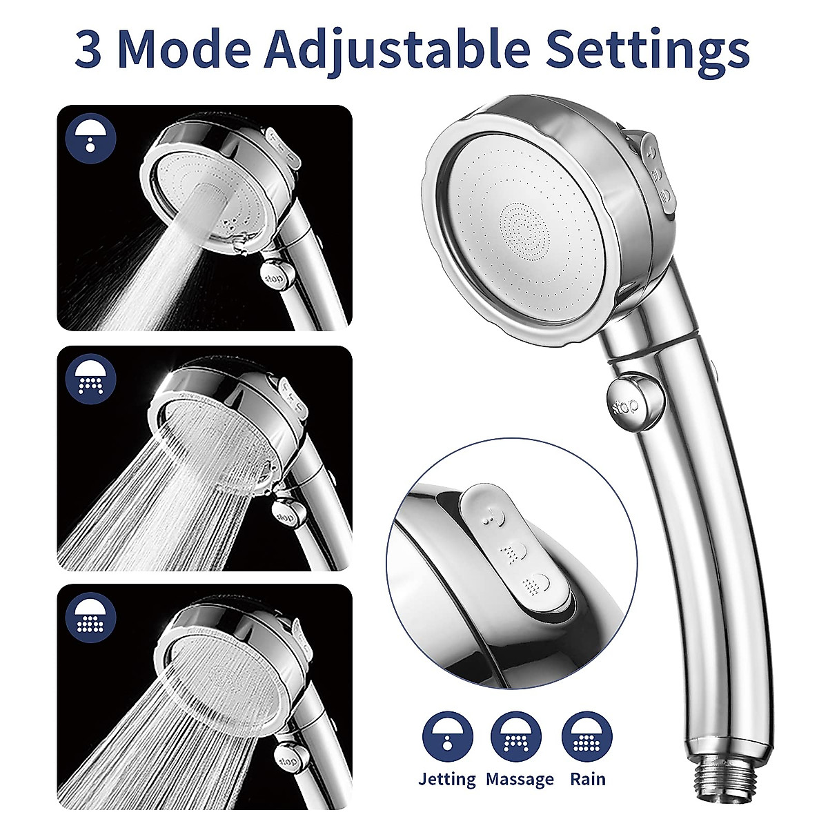 HANLIAN High Pressure Shower Head with Pause Function, 3 Spray Settings Handheld Shower Head with On Off Switch, Watersaving Detachable Showerhead with 5Ft Stainsteel Hose and ABS Bracket (Chrome)