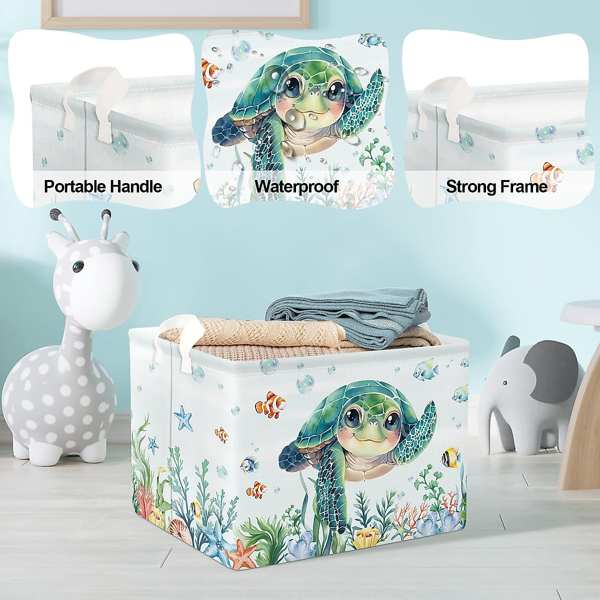 Clastyle 36L Fish Sea Turtle Baby Basket Ocean Coral Seaweed Starfish Toy Book Shelf Basket Waterproof Pool Toy Beach Towel Storage Bin Large Rectangle Collapsible Dirty Clothes Basket