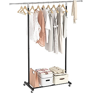 JIUYOTREE Rolling Clothes Rack with Shelf Clothing Garment Rack with Wheels Width Adjustable Clothing Organizer for Hanging Clothes Shirts Pants Skirts and Bags Black