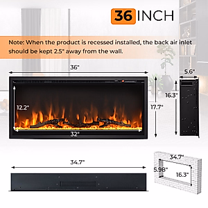 GOFLAME 36 Inch Electric Fireplace Recessed/Wall Mounted/Freestanding, Linear Electric Fireplace Heater Insert with Remote Control, Adjustable Flame Color & Brightness, Thermostat, Timer, 750W/1500W