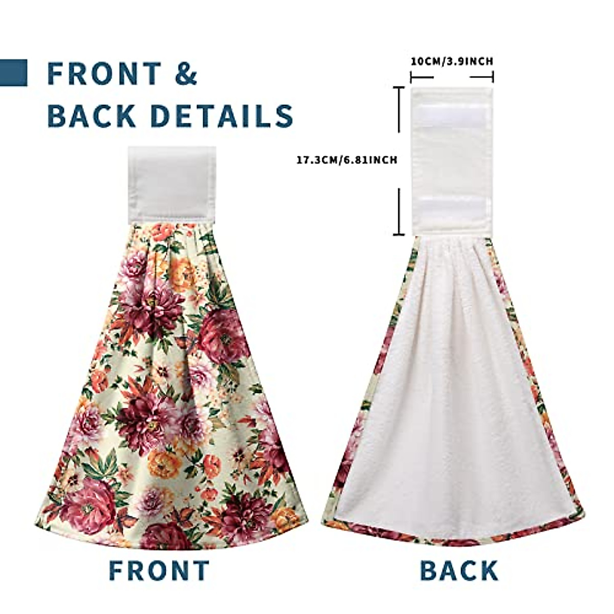 Kwlegh Beautiful Floral Tie Towels Set of 2 Summer Peony Kitchen Towels with Hanging Loop Red Flower Bathroom Towels Soft Absorbent Hanging Hand Towels for Bathroom Kitchen 12x17 Inch