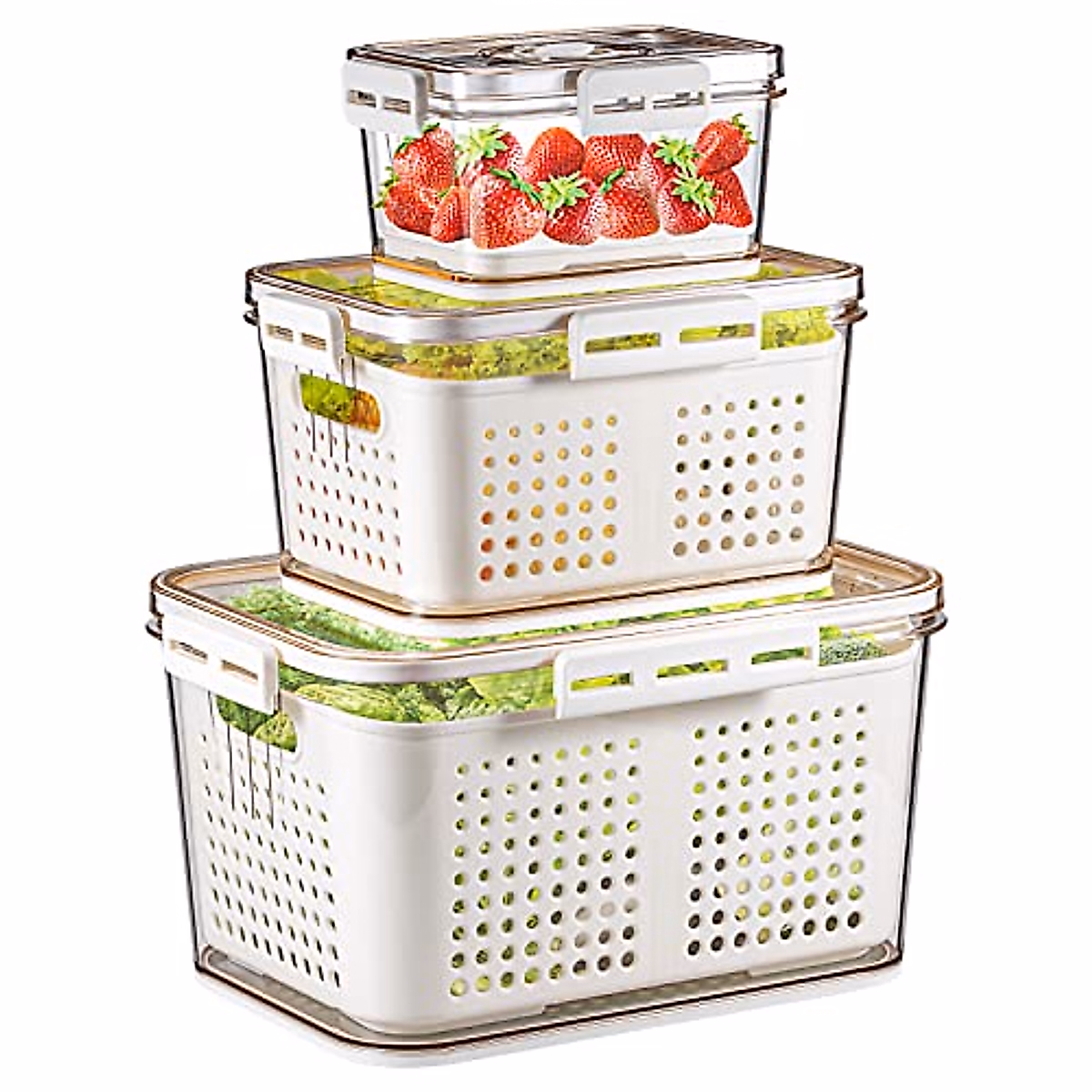Vegetable Fruit Storage Containers for Fridge Organizer with Lid & Colander 3 Pack BPA-Free Produce Saver Containers for Lettuce Berry Stay Fresh,Lettuce Keeper for Fridge Organizers and Storage Clear