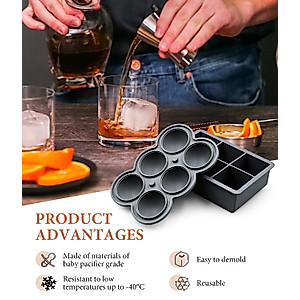 Silicone Large Ice Cube Molds (Set Of 3), 6 Ice Ball Maker Mold, 6 Square Ice Cube Mold，4 Diamond, Reusable Whiskey Ice Mold, Ice Molds for Cocktails, Bpa Free, Freezer Ice Cube Tray (Grey)