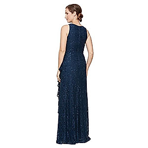 Alex Evenings Women's Long Sleeveless Cascade Ruffle Detail Dress with Front Slit, Navy Sequin, 14