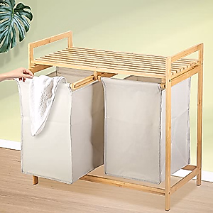 lesolar Bamboo Laundry Hamper and Shelf, 2 Sections Laundry Basket with Removable Liner and Sliding Handles, Dual Compartments Laundry Organizer and Storage for Bathroom Bedroom Living Room