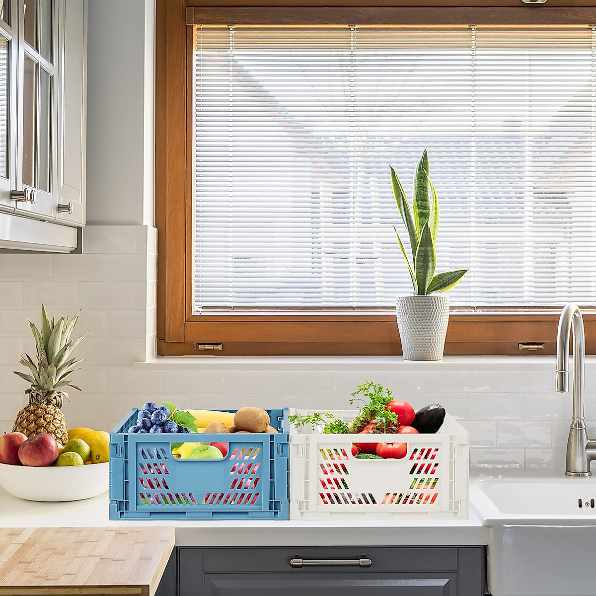 2 Blue 2 white Plastic Storage Basket Folding Storage Boxe Crate Drawer Organizer Stackable Shelf Basket Collapsible Closet Container Food Fruit Bottle Book Organiser for Home Office Kitchen Basket