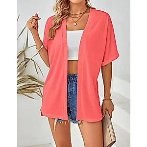 MEROKEETY Womens 2023 Summer Lightweight Cardigan Short Sleeve Open Front Casual Loose Cover Ups,Coral,XXL