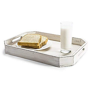 MyGift Whitewashed Wood Serving Tray with Handles and Angles Edges, Farmhouse Coffee Table Decorative Tray