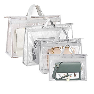 FuninCrea 4 Pack Handbag Storage Clear Handbag Dust Bags with Zipper and Handle Dustproof Moistureproof Handbag Storage Organizer, Purse Storage Organizer for Closet (Grey)