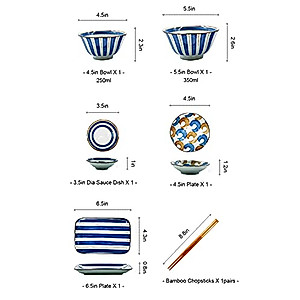 Caalio Japanese Cuisin Dinnerware 6pc Set for 1, Asian Food Sushi Plates Miso Soup Bowl and Chopsticks with Gift Box, OCEAN