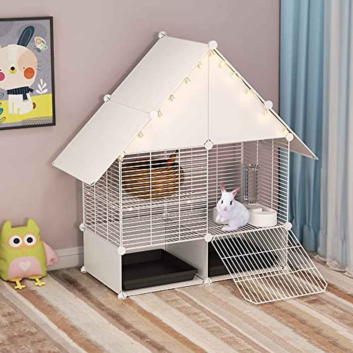 DuvinDD 2-Story Rabbit Cage Indoor Bunny Hutch with 2 Deep Pull-Out Trays and Urine Guard, Guinea Pig Cage Metal Wire Netting Villa, Small Animals House for Ferret, Chinchilla, Hedgehog (White)