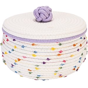 Sea Team Round Cotton Rope Storage Basket with Lid, Colorful Rainbow Pompom Woven Storage Bin, Pot, Caddy, Organizer, Container for Snacks, Towels, Plants, 9.8 x 5.5 Inches, Purple