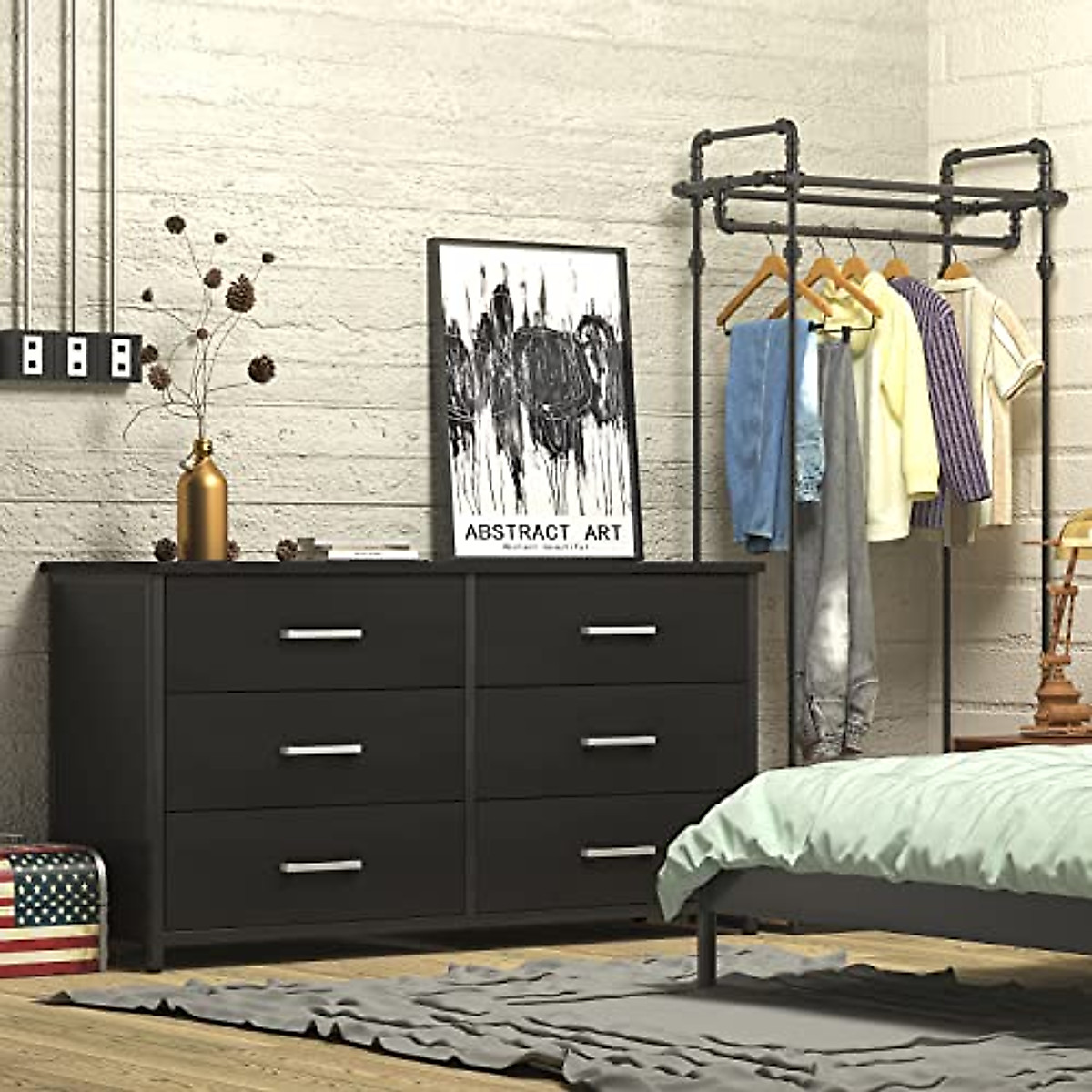 IKENO 6 Drawer Double Dresser, Industrial Wood Dresser for Bedroom, Sturdy Steel Frame…