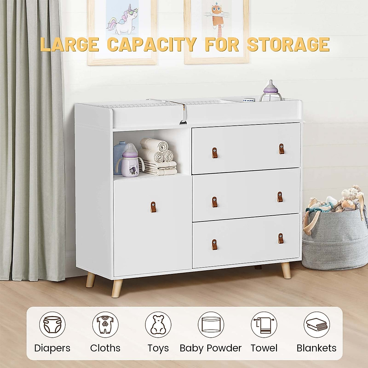 BANIROMAY Baby Changing Table Dresser, Baby Nursery Dresser with Drawers, Hidden Trash Storage, Diaper Changing Table(White + Wood)