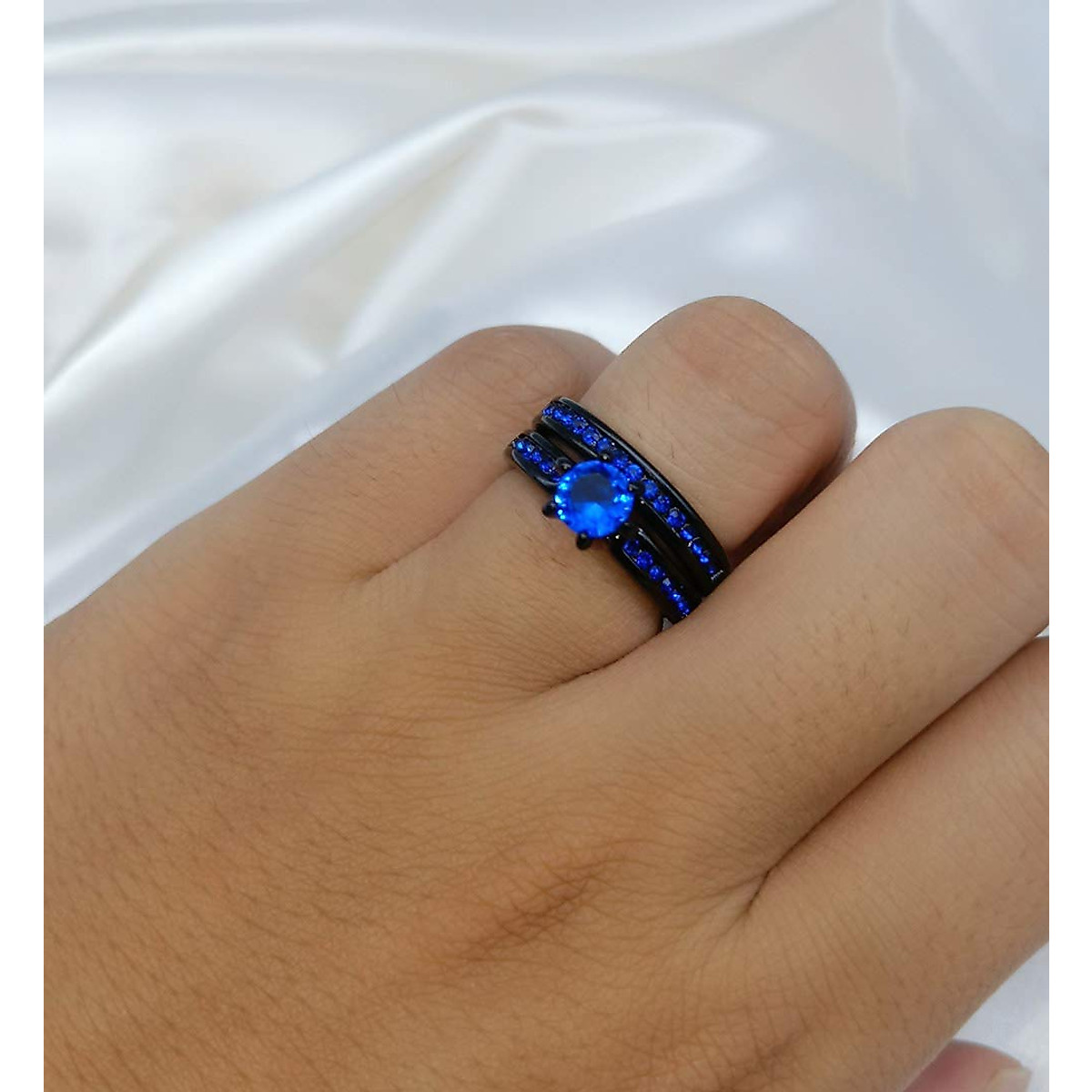 ringheart Couple Rings Black Plated Round cut Blue Cz Womens Wedding Ring Sets Stainless Steel Men Wedding Band