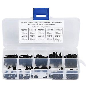 300PCS M2 x 3-20mm 12.9 Grade Black Hex Socket Screw Bolt and Nut Kit Alloy Steel Button Head Socket Bolts
