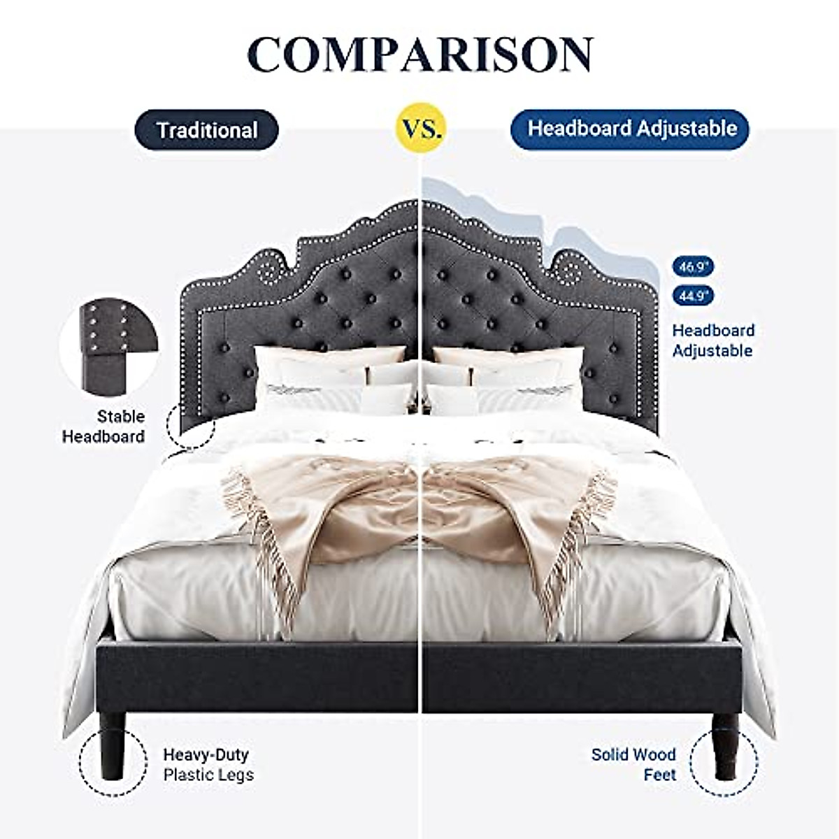 Allewie Queen Bed Frame with Adjustable Tiara Headboard, Fabric Upholstered Diamond Button Tufted Platform Bed, Wood Slats Support, No Box Spring Needed, Mattress Foundation, Easy Assembly, Dark Grey