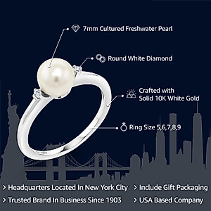 Gem Stone King 10K White Gold 7MM Cultured Freshwater Pearl and White Diamond Engagement Ring | Gold Ring For Women | Available In Size 5, 6, 7, 8, 9
