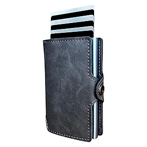 Minimalist Leather Card Holder With RFID Protection Wallet,6 cards in the sliding cover,2 interior slots for 4 cards,cash in its pressure system,0.78 x 2.67 x 3.93,Elegant black gift box (Grey)