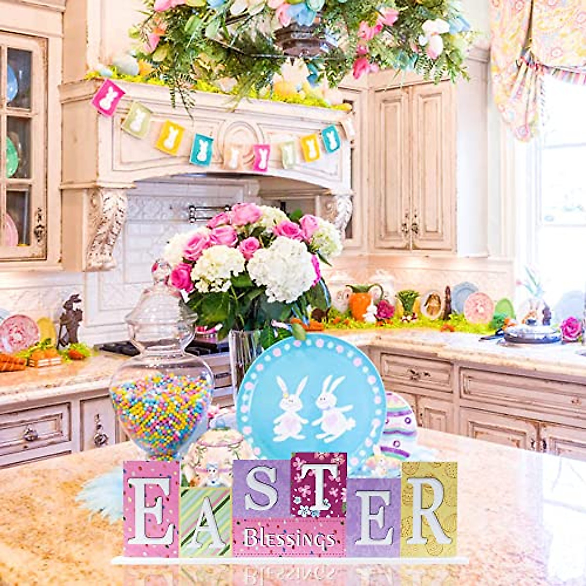 Easter Decorations, DECSPAS Double Sided Wooden Sign Valentines Easter Decor, Decorative Wood Block Set Easter Decorations for the Home, Living Room, Mantle, Dining Table, Office