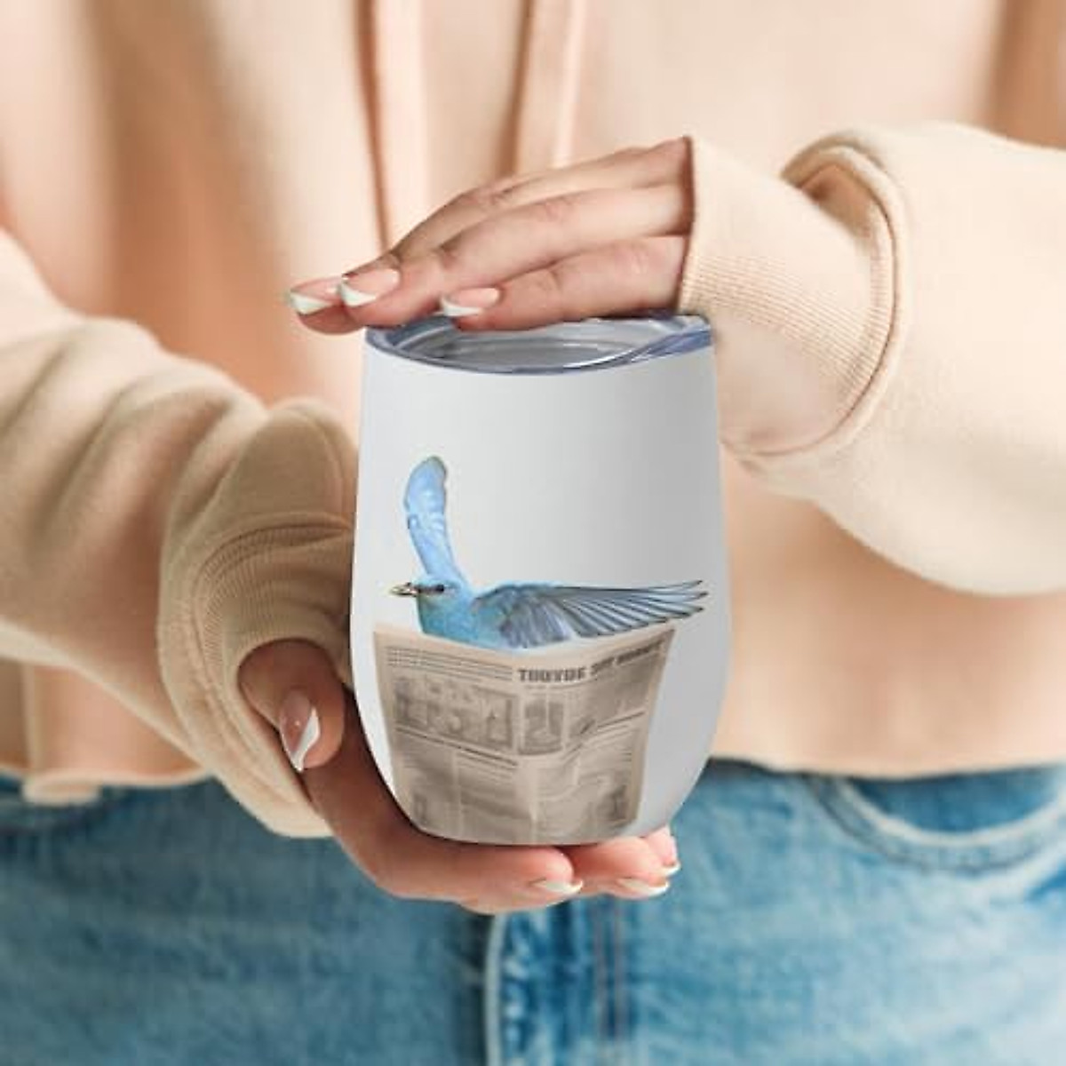 Mountain Bluebird Reading Newspaper Tumbler 12oz Stainless Steel Vacuum Insulated Wine Cup With Lid - Gifts for Bluebird Lovers