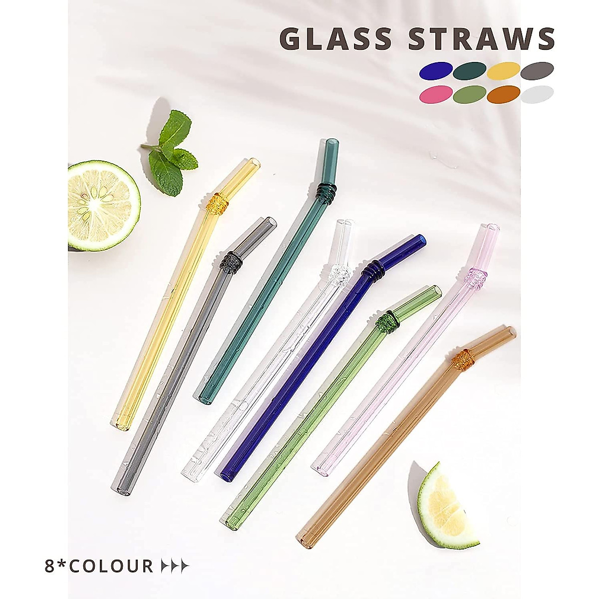 8 Pack EMPO Glass Straws Colored - 8" x 8mm Perfect Reusable Straw - Smoothies, Tea, Juice, Water, Essential Oils Gift with 2 Cleaning Brush MultiColor