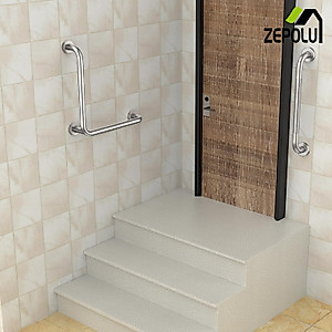 Brushed Nickel Angled Grab Bar 16 Inch, Zepolu Stainless Steel L-Shaped Safety Grab Rail, Bathroom Mobility Aid Handrail, Wall Mounted Balance Support Assist Shower Handle for Senior Elderly Handicap