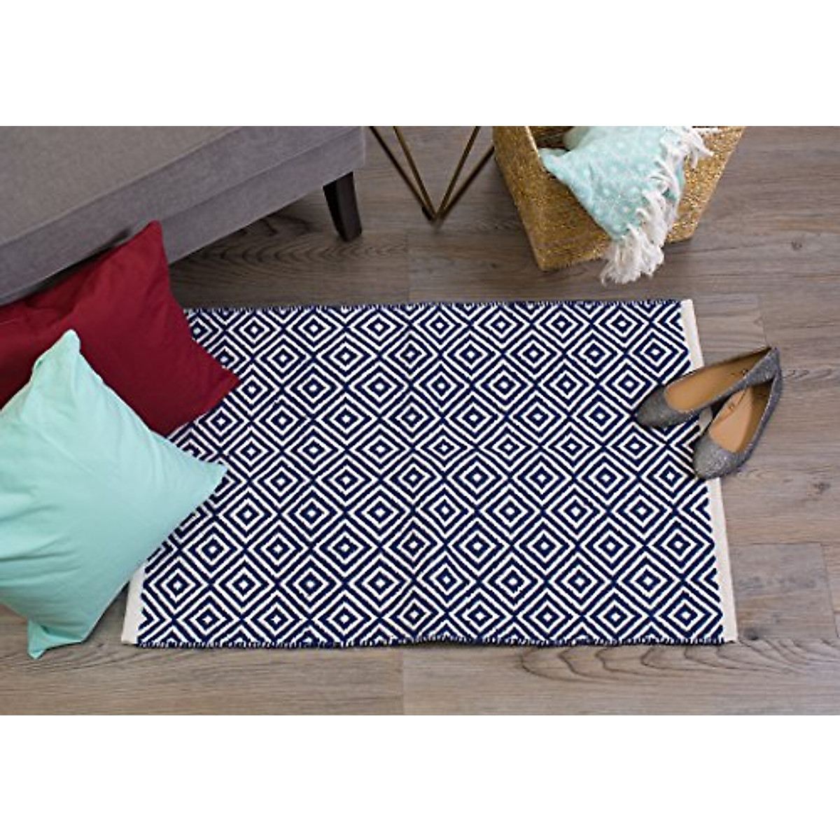DII Woven Cotton Throw Rug, Area Rugs for Kitchen, Bedroom, Bathroom or Entry Way, Small Rug, 2x3, Diamond Nautical Blue