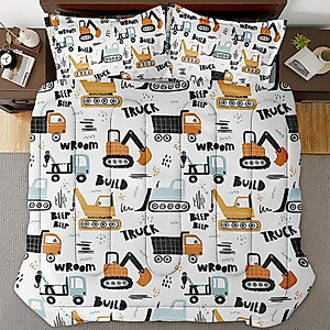 Nesphy Boys Construction Comforter Set for Kids Teens Queen, Hand Drawn Car Excavator Truck Bedding Sets Water Washed Microfiber Bedding with 1 Comforter 2 Pillowcases All Season