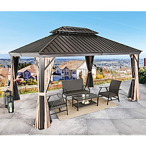 Patio Tree 10' x 12' Hardtop Aluminum Permanent Gazebo Outdoor Double Roof Gazebo Canopy with a Mosquito Net and Privacy Sidewalls