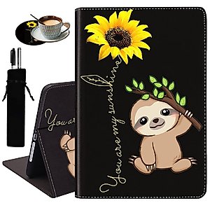 for iPad 10.2/10.5Case，with Coaster Adjustable Stand Auto Wake & Sleep Smart Cover for iPad 9th / 8th / 7th Generation (2021/2020/2019) 10.2 inch/iPad Air 10.5" 2019 - Sunflower and Sloth (Pen Bag)