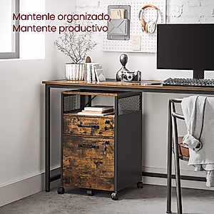 VASAGLE File Cabinet with Lock, Filing Cabinet with 2 Storage Drawers, for Hanging File Folders, Open Shelf, Home Office, Steel Frame, Industrial, Rustic Brown and Black UOFC077B01