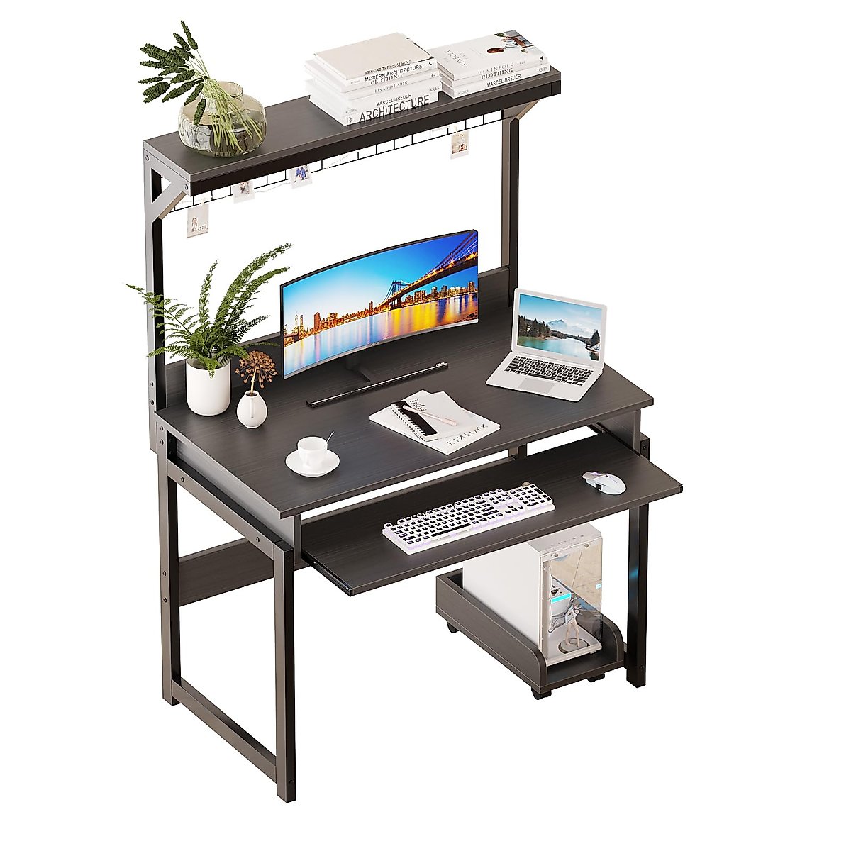 Computer Desk with Hutch and Storage Shelves, Home Office Study Writing Desk, Small Computer Desk for Small Space, Laptop Desk with Keyboard Tray for Bedroom