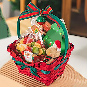 Christmas Baskets for Gifts Empty Hand-Woven Rectangle Red & Green Storage Baskets with Handle & Bow, Small Xmas Tote Basket for Holiday Decorative Present Wrapping (Red)