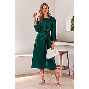 PRETTYGARDEN Women's 2023 Satin Maxi Dress Puff Long Sleeve Crewneck Cutout Casual A-line Long Flowy Dresses (Dark Green,X-Large)