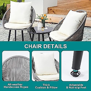 BETTAHOME 3 Piece Bistro Set, Patio Furniture Set with Cushion and Pillow, Outdoor Balcony Woven Chairs and Table, Grey and Black
