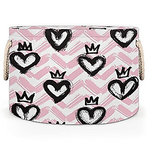 Hearts Crowns Pink Stripe Romantic Large Round Baskets for Storage Laundry Baskets with Handles Blanket Storage Basket for Bathroom Shelves Bins for Organizing Nursery Hamper Girl Boy