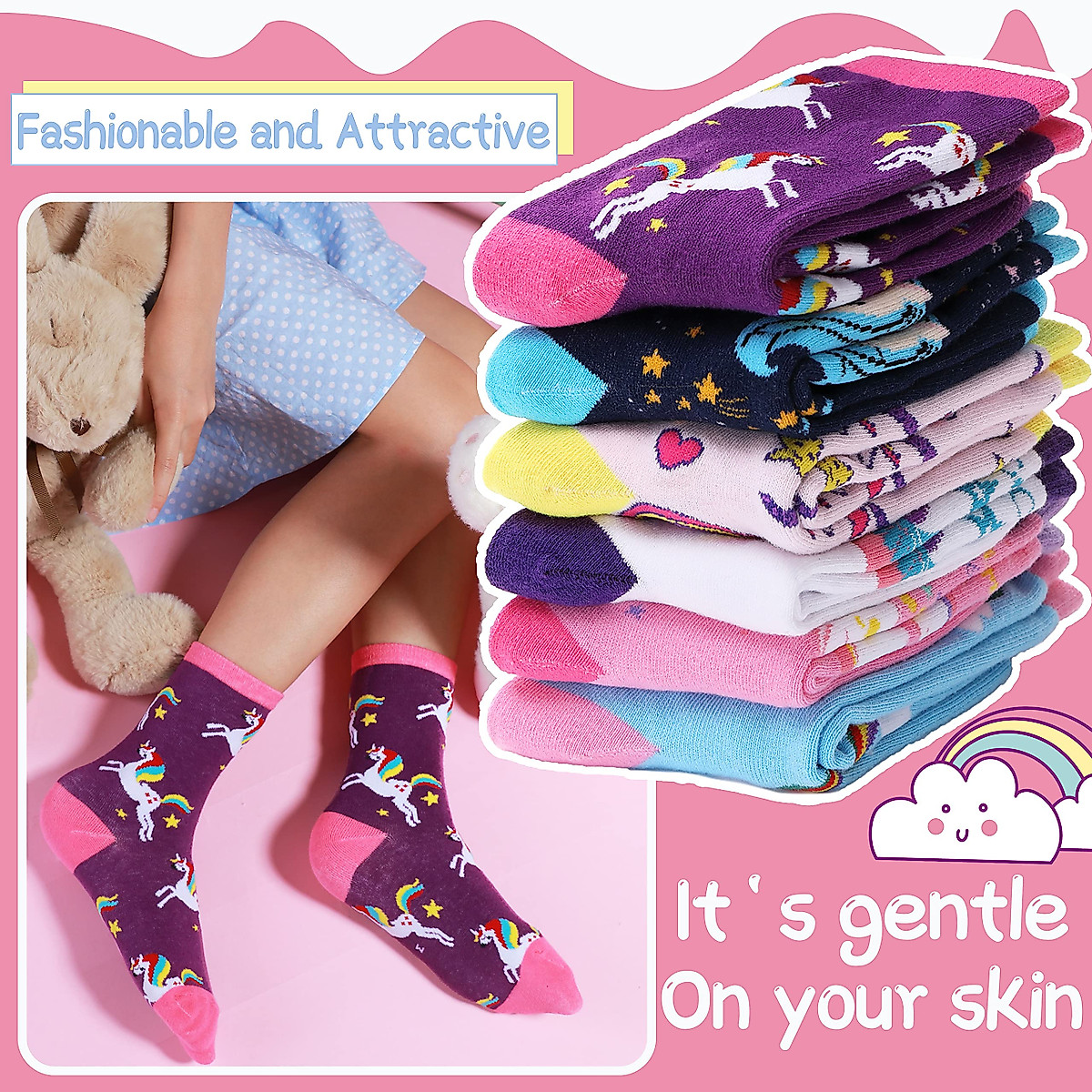 ANTSANG Children Cotton Crew Socks for Girl Kids Toddler Fashion Cute Cartoon Animal Socks 6 Pack