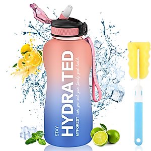 MYFOREST 64oz Water Bottle, Time Marker for Motivational Hydration, Drop-proof, BPA-free, Nozzle/Straw/Carry-Strap/Wide-Mouth for Easy Clean - 1900mL Large Sports Jug
