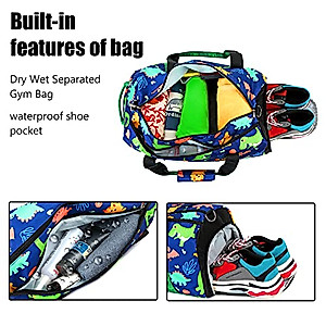 LOIDOU Duffle Bag for Boys Sport Gym Bag Kids Overnight Bag Girls Weekender Bag with Wet Pocket & Shoe Compartment (Dinosaur Navy)