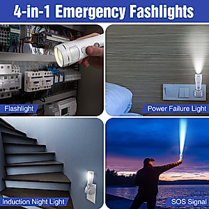 Enhon 4 in 1 LED Rechargeable Plug in Flashlights, 6 Pack LED Emergency Lights for Home Power Failure Emergency, Plug in Power Outage Light, Power Failure Light with Motion Detection (White)