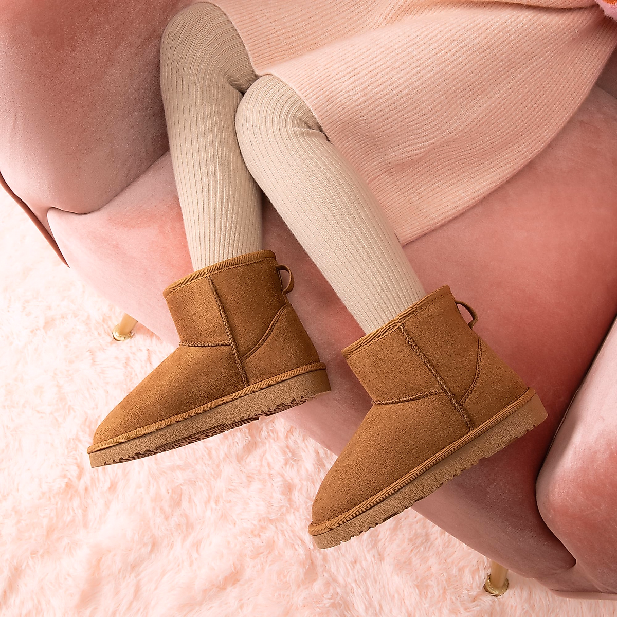 DREAM PAIRS Girls Boys Boots Kids Winter Ankle Faux Fur Lined Snow Shoes FuzzyClassic Kid's Low Boot for Toddler/Little Kid/Big Kid,Size 5 Big Kid,Camel,KSB214-1