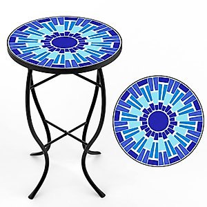 FROMJBEST Mosaic Outdoor Side Table, Patio Side Table, Weather Resistant 14" Diameter 21" H Ceramic Tile Round Outside Table for Patio, Porch, Garden, Pool, Indoor&Outdoor,Plant Stand (Vortex)