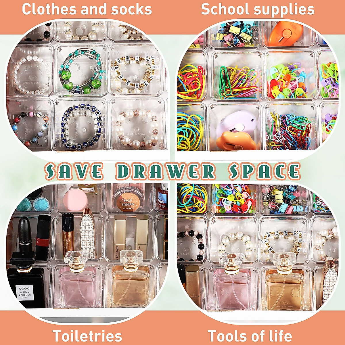 Tioncy 16 Pcs Clear Drawer Organizers 3" x 3" x 2" Stackable Small Makeup Vanity Storage Bins Small Desk Drawer Organization Clear Container Dividers for Makeup Vanity Office Bathroom Kitchen Utensil