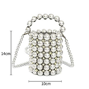 YIFEI Women Metaillic Colored Beaded Acrylic Handmade Bucket Bag with Detachable Chain (Sliver)