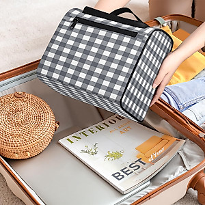 QsirBC Black Scrapbook Design Travel Cosmetic Makeup Bags with Multiple Compartments, Water-resistant Hanging Toiletry Organizer wtih Metal Hook for Bathroom Toiletries, Shaving Kit Bag